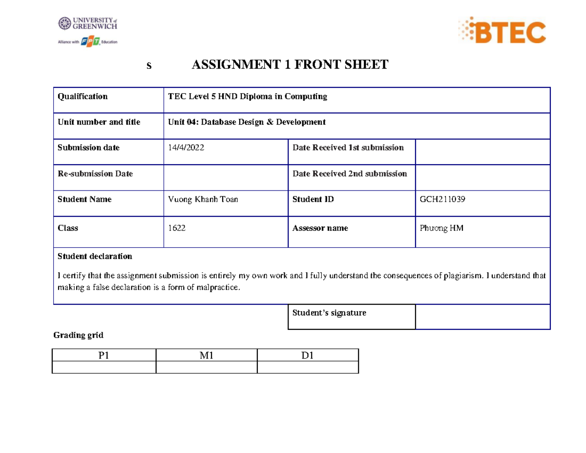 1 04-DDD.Assignment 1 frontsheet - s ASSIGNMENT 1 FRONT SHEET Qualification TEC Level 5 HND ...