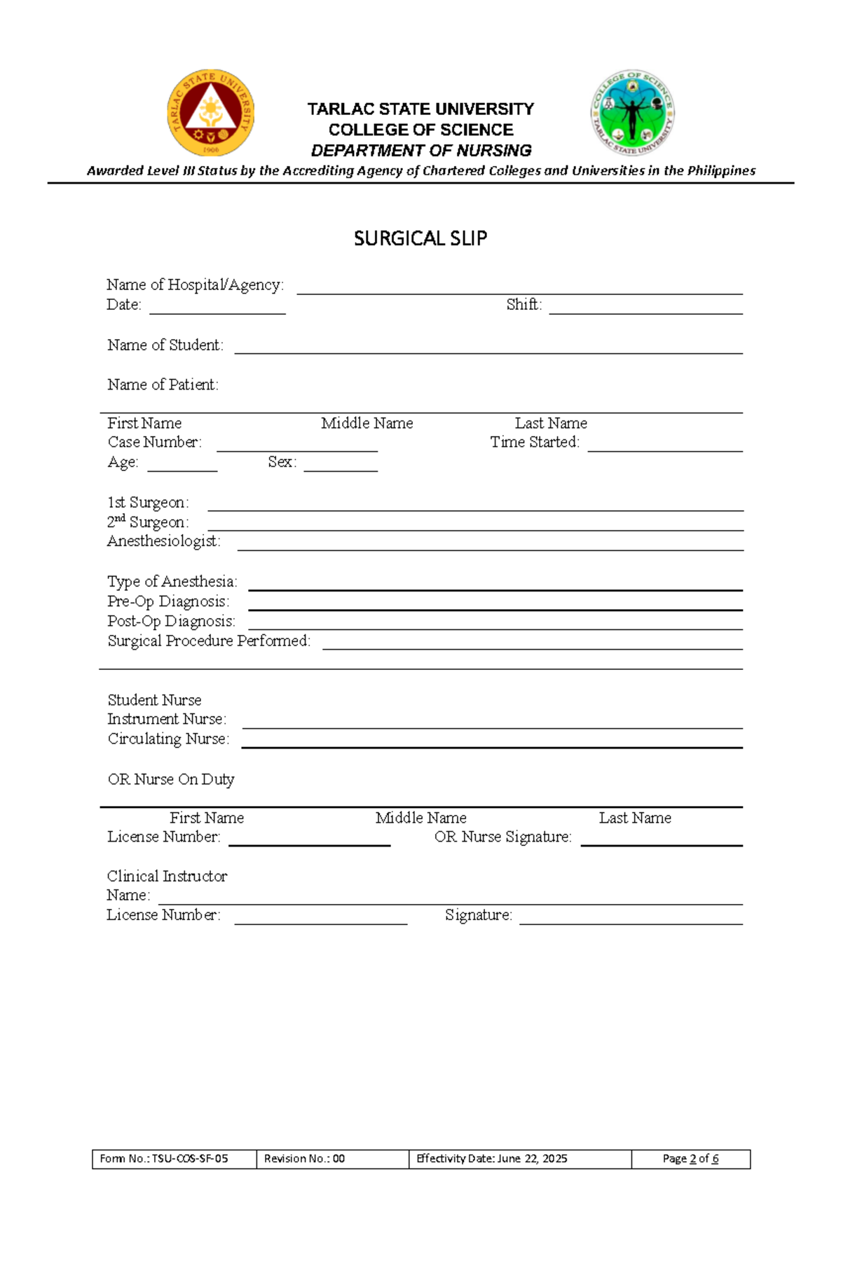 OR Surgical SLIP AND PRC Forms - COLLEGE OF SCIENCE DEPARTMENT OF ...