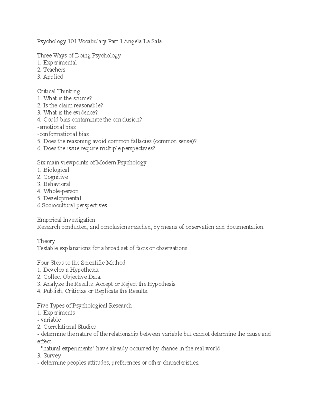 Psychology 101 Vocabulary Part 1 Angela La Sala - Experimental 2 ...