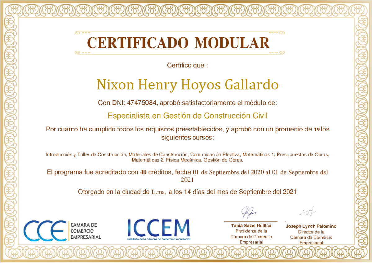 1 - tutoría complementaria - CERTIFICADO MODULAR Certifico que : Nixon Henry Hoyos Gallardo Con ...
