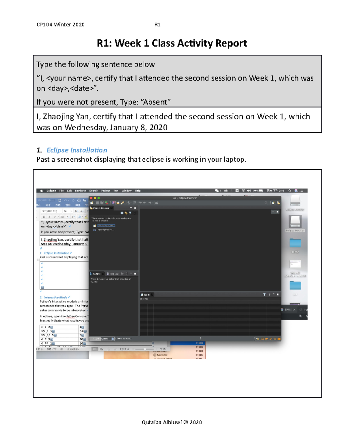 R1 - Week 1 Activity Report - R1: Week 1 Class Activity Report Type the ...