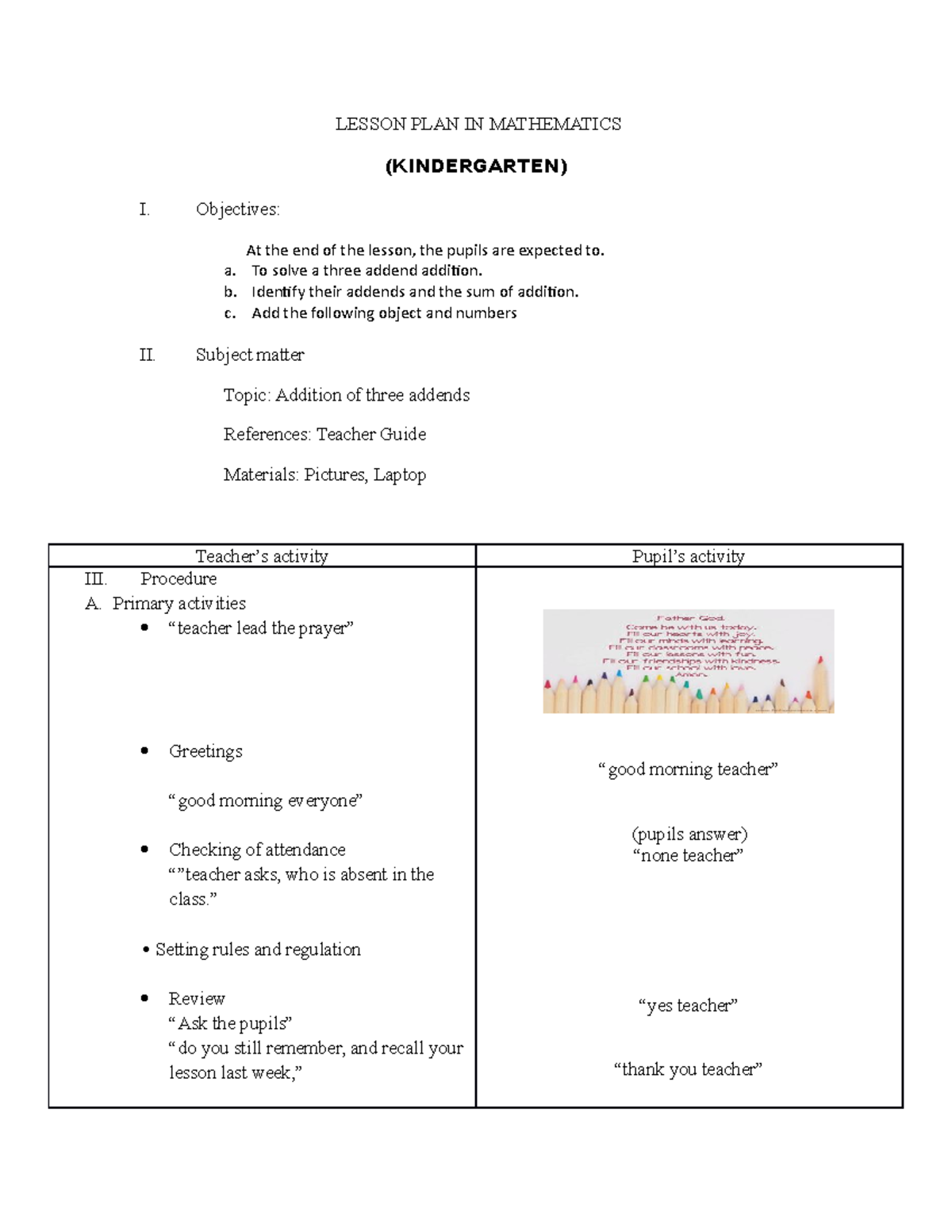 Lesson PLAN IN Mathematics Addition Of Three Addends LESSON PLAN IN