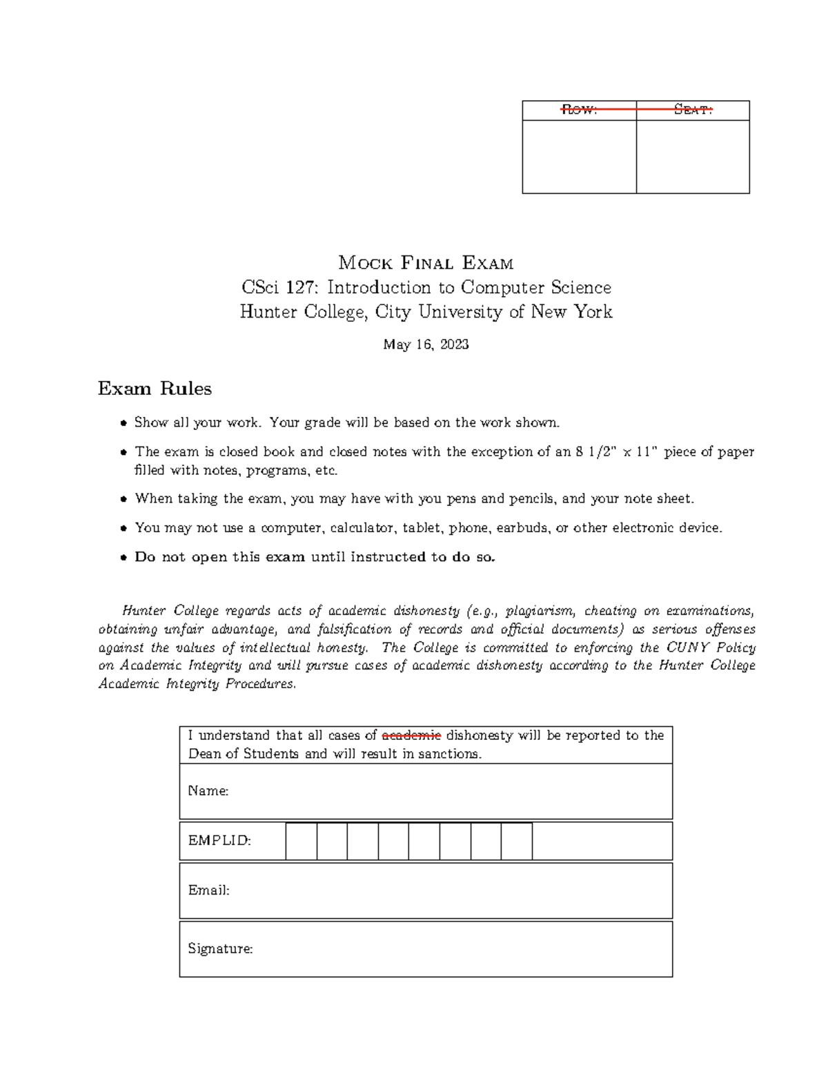 Mockexam 200 - mock exam answer key - Row: Seat: Mock Final Exam CSci ...