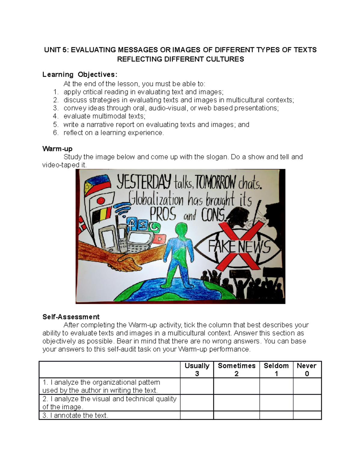 [Template] Module 5 - Okayy - UNIT 5: EVALUATING MESSAGES OR IMAGES OF DIFFERENT TYPES OF TEXTS ...