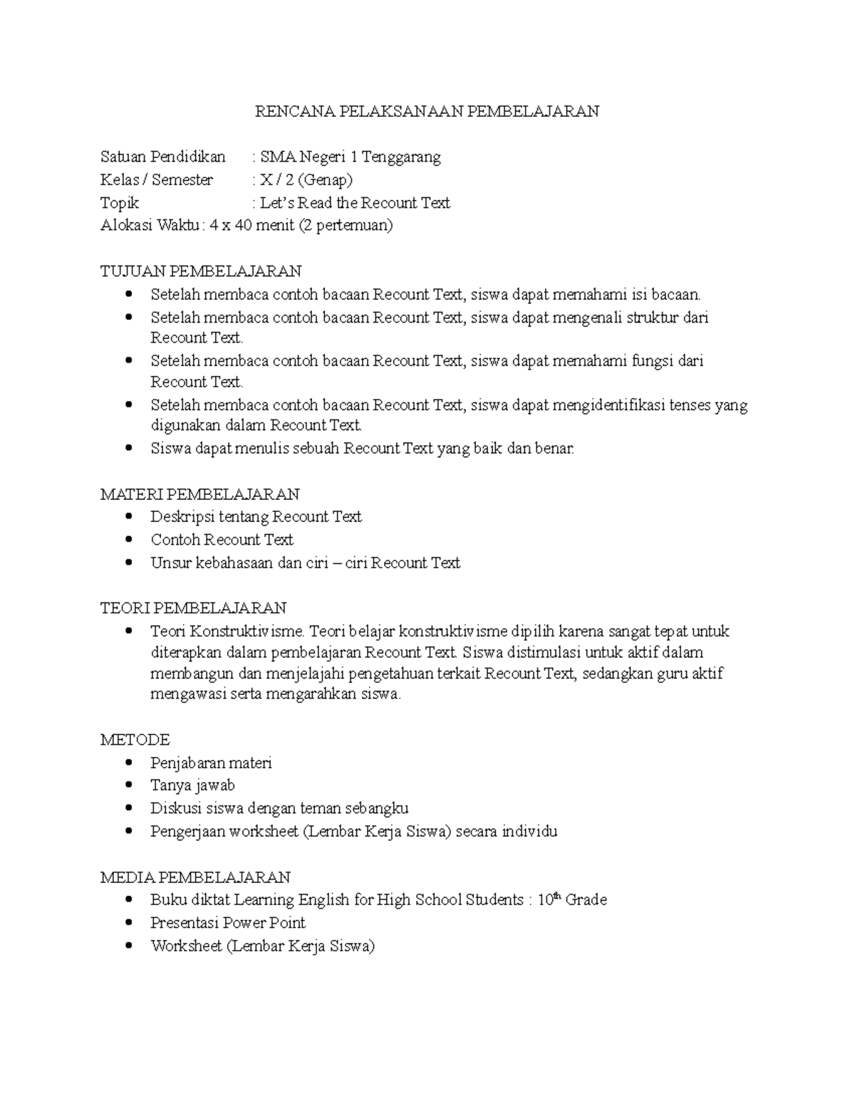 Contoh RPP Mata Pelajaran Bahasa Inggirs Topik Recount Text - RENCANA ...