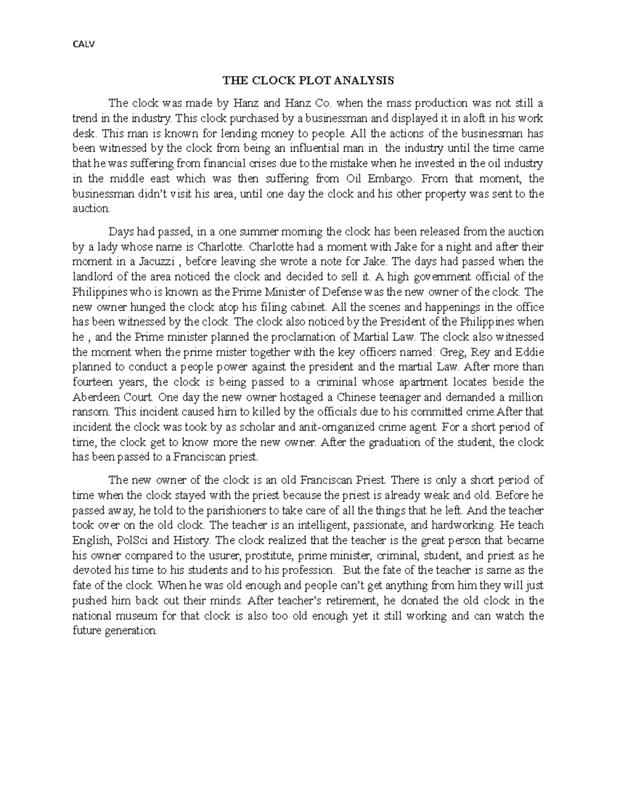 THE Clock PLOT Analysis - CALV THE CLOCK PLOT ANALYSIS The clock was ...