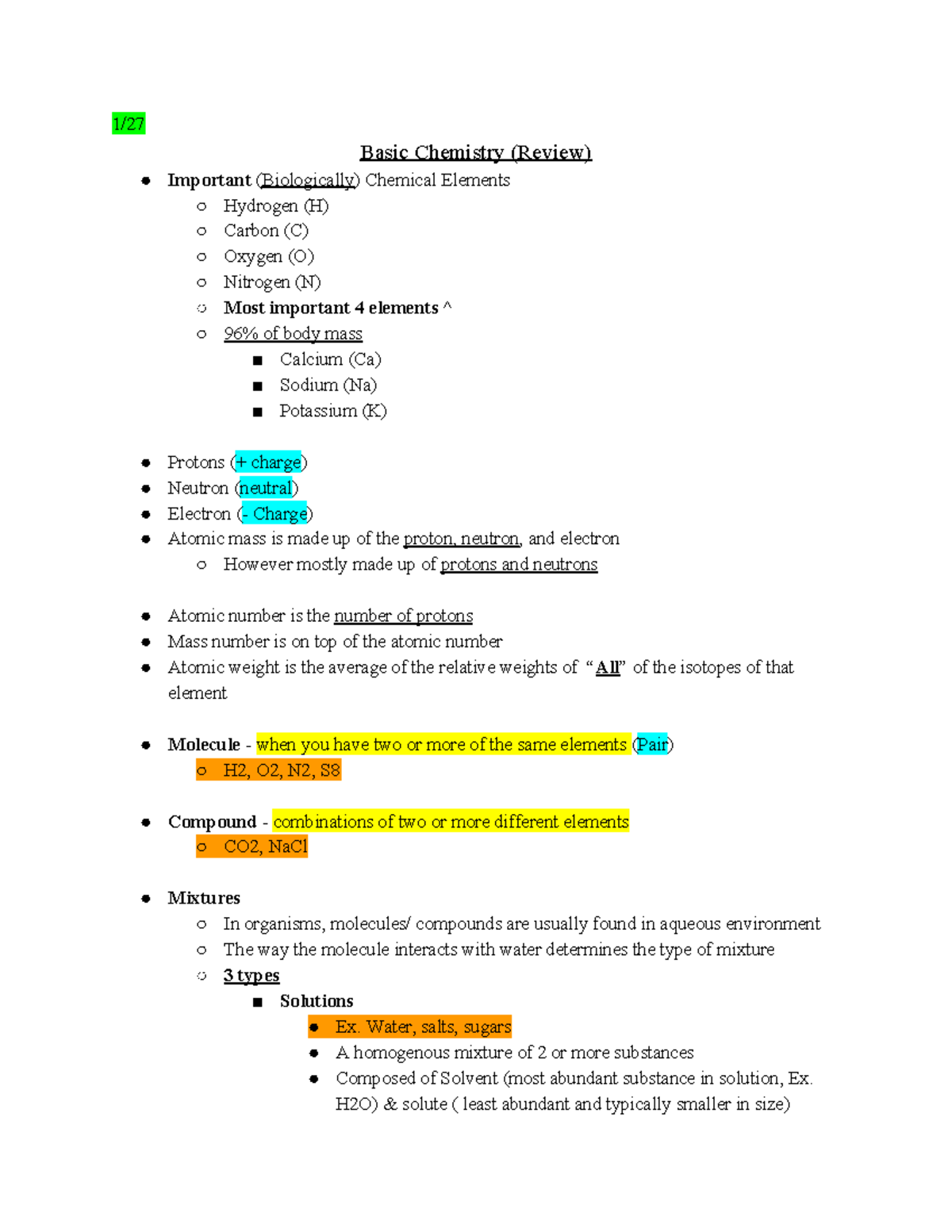 Lecture 2 - Michael Hedrick - 1/ Basic Chemistry (Review) Important ...