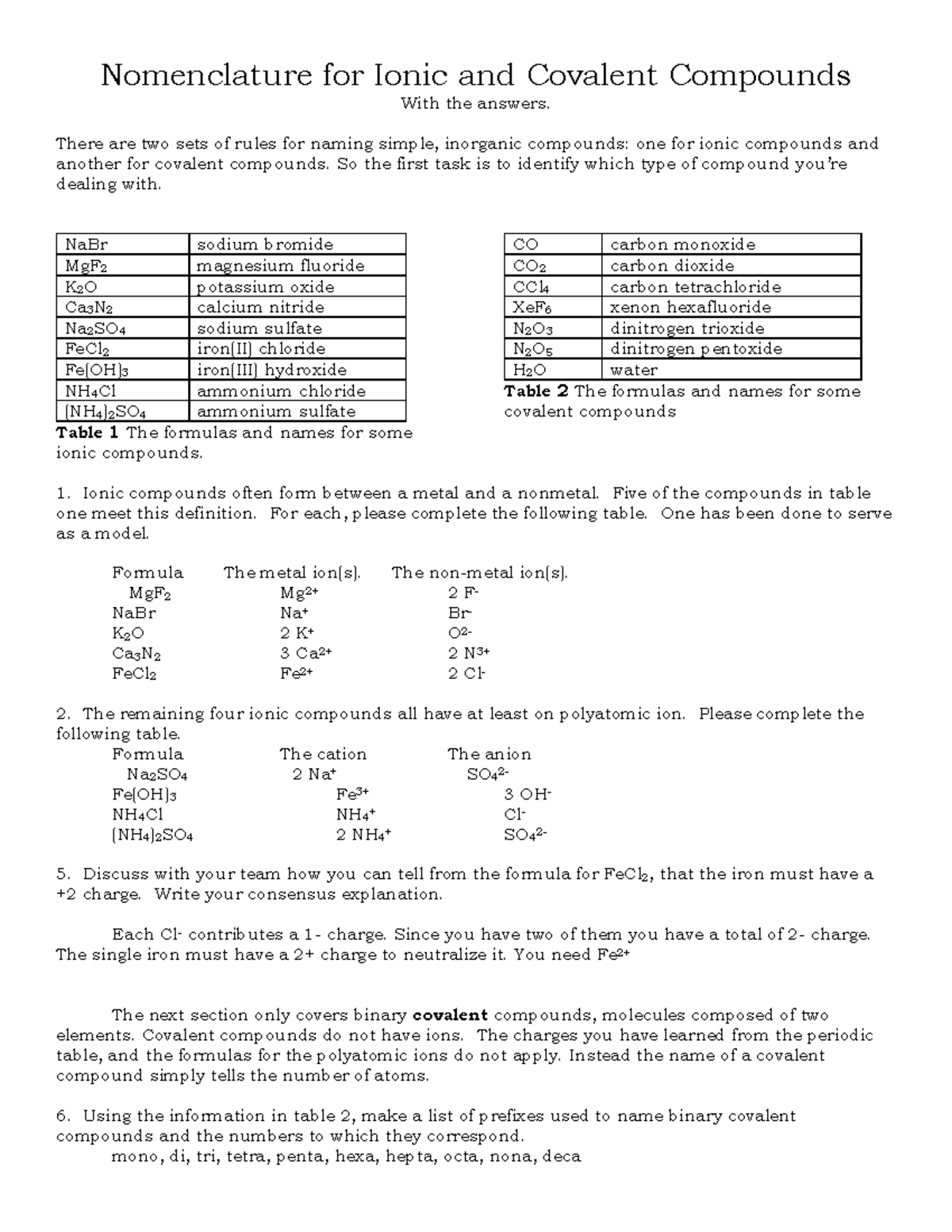 Answers chapter 3 Nomenclature for ionic and covalent compounds ...