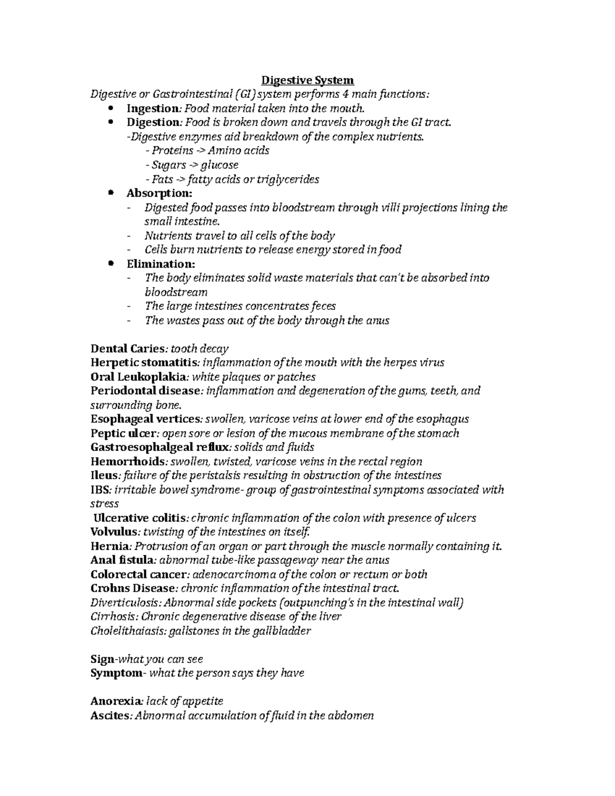 Medical Terminology notes Chapter 5 - Digestive System Digestive or ...