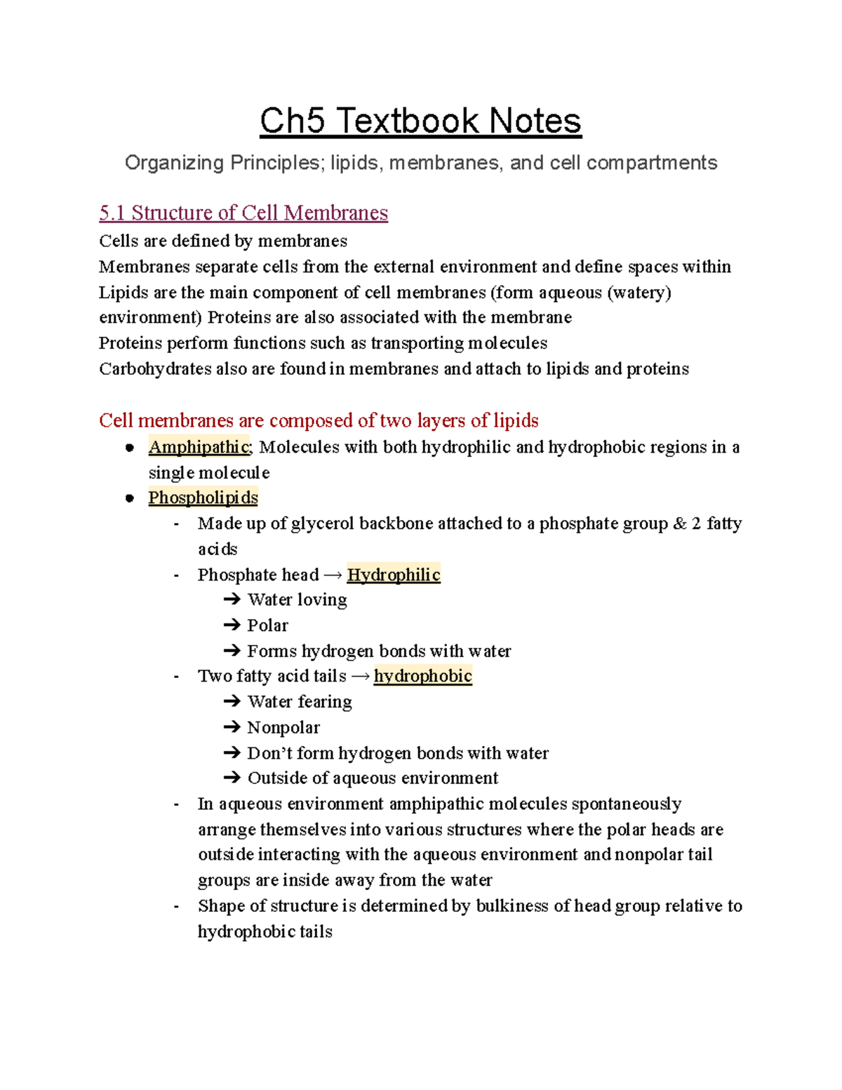 Bio 140 Ch5 Textbook Notes - Ch5 Textbook Notes Organizing Principles ...
