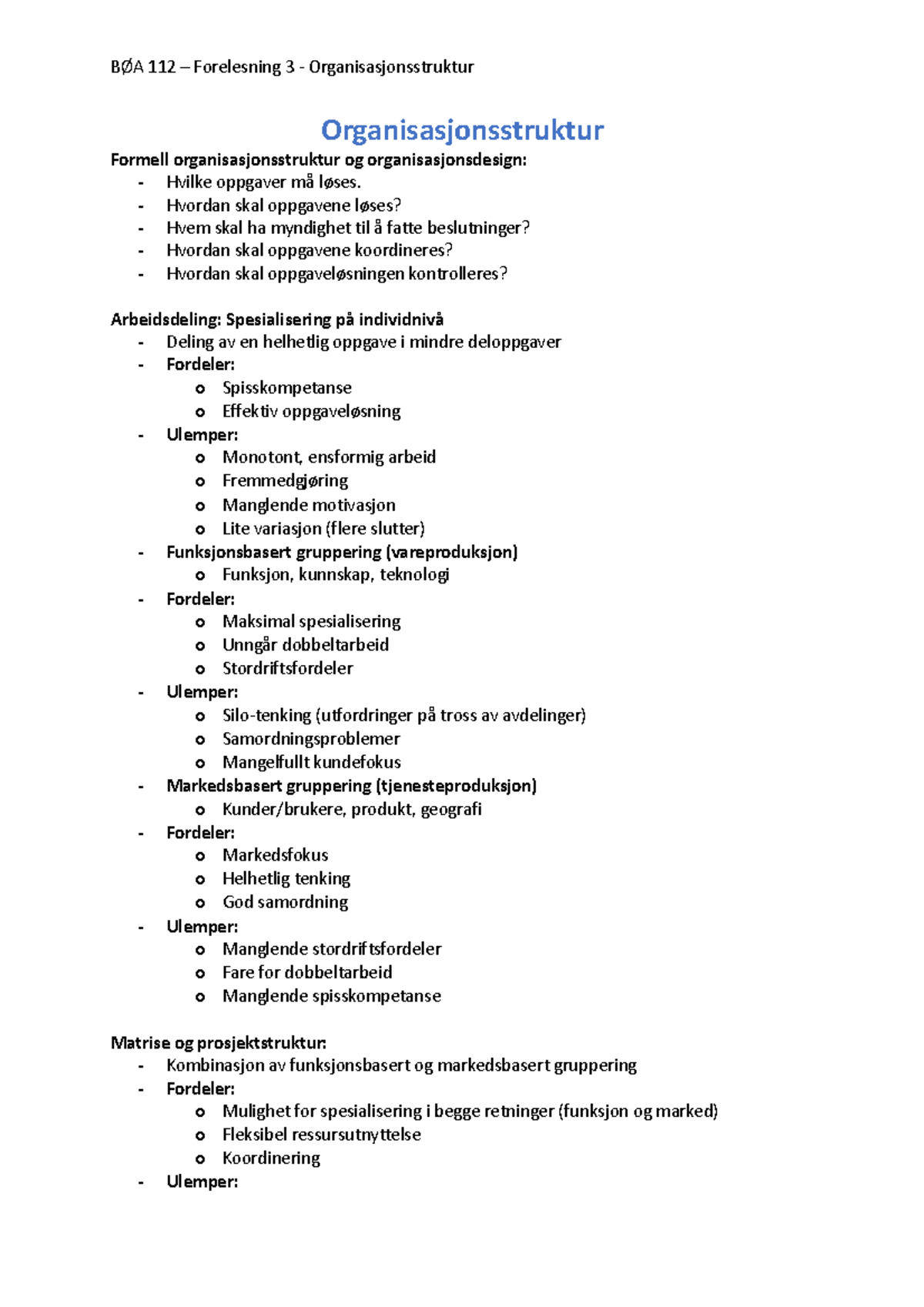 Organisasjonsstruktur bøa 112 - BØA 112 – Forelesning 3 ...
