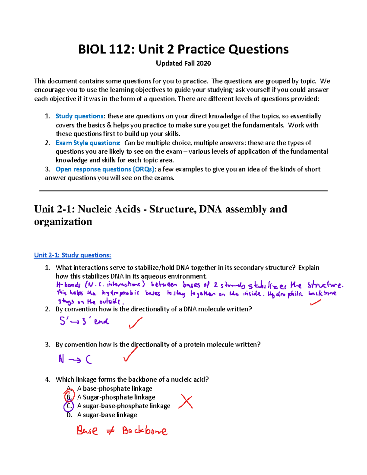 Unit 2 Practice Questions Answer - BIOL 112: Unit 2 Practice Questions ...