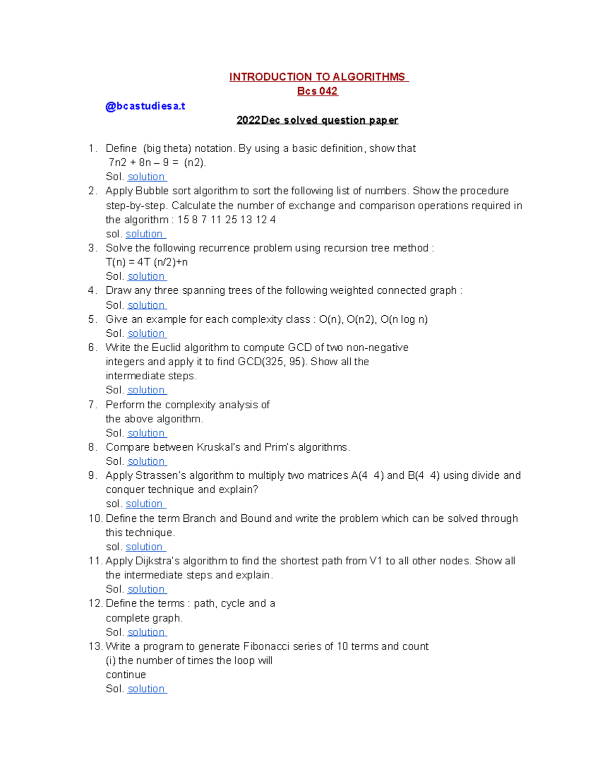 Introduction TO Algorithms - INTRODUCTION TO ALGORITHMS Bcs 042 @bcastudiesa 2022Dec solved ...