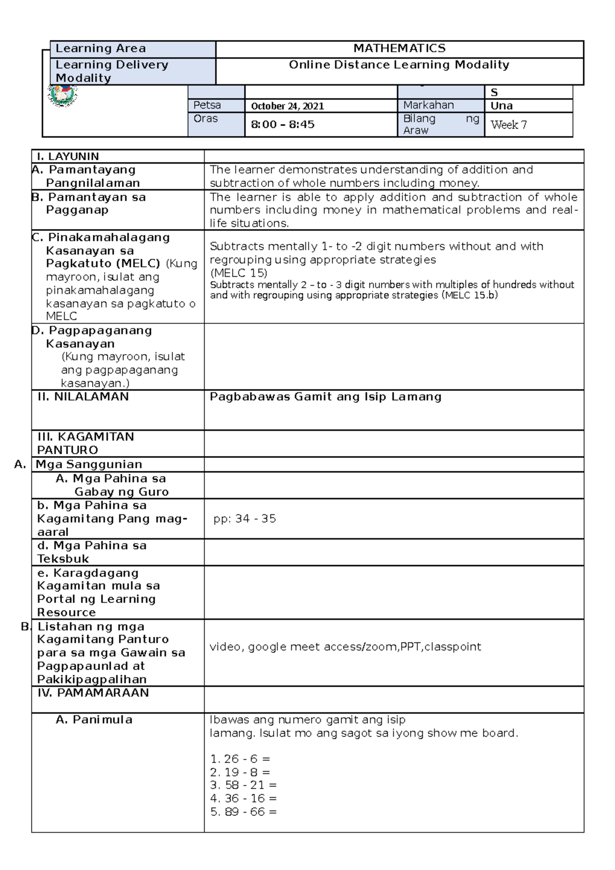 MATH 3 Q1 WEEK 7 - asdfghjkl - LESSON EXEMPLAR Paaralan Alapan 1 ...