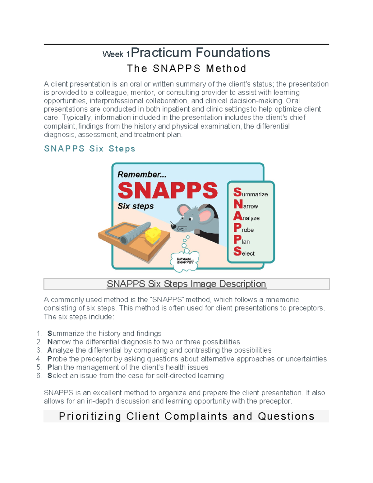 Practicum Foundations SNAPPS Method - Week 1 Practicum Foundations T h ...