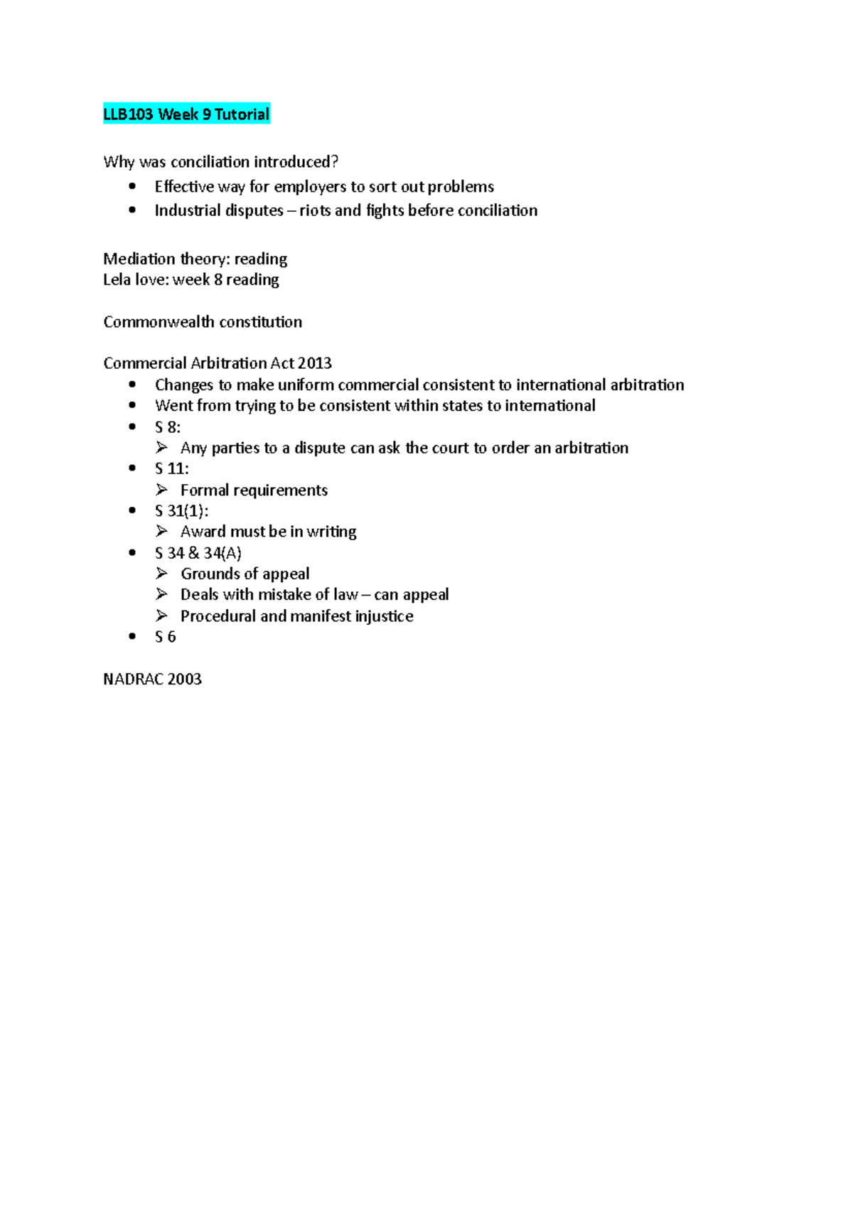 LLB103 W9 Tutorial - tute notes - LLB103 Week 9 Tutorial Why was ...