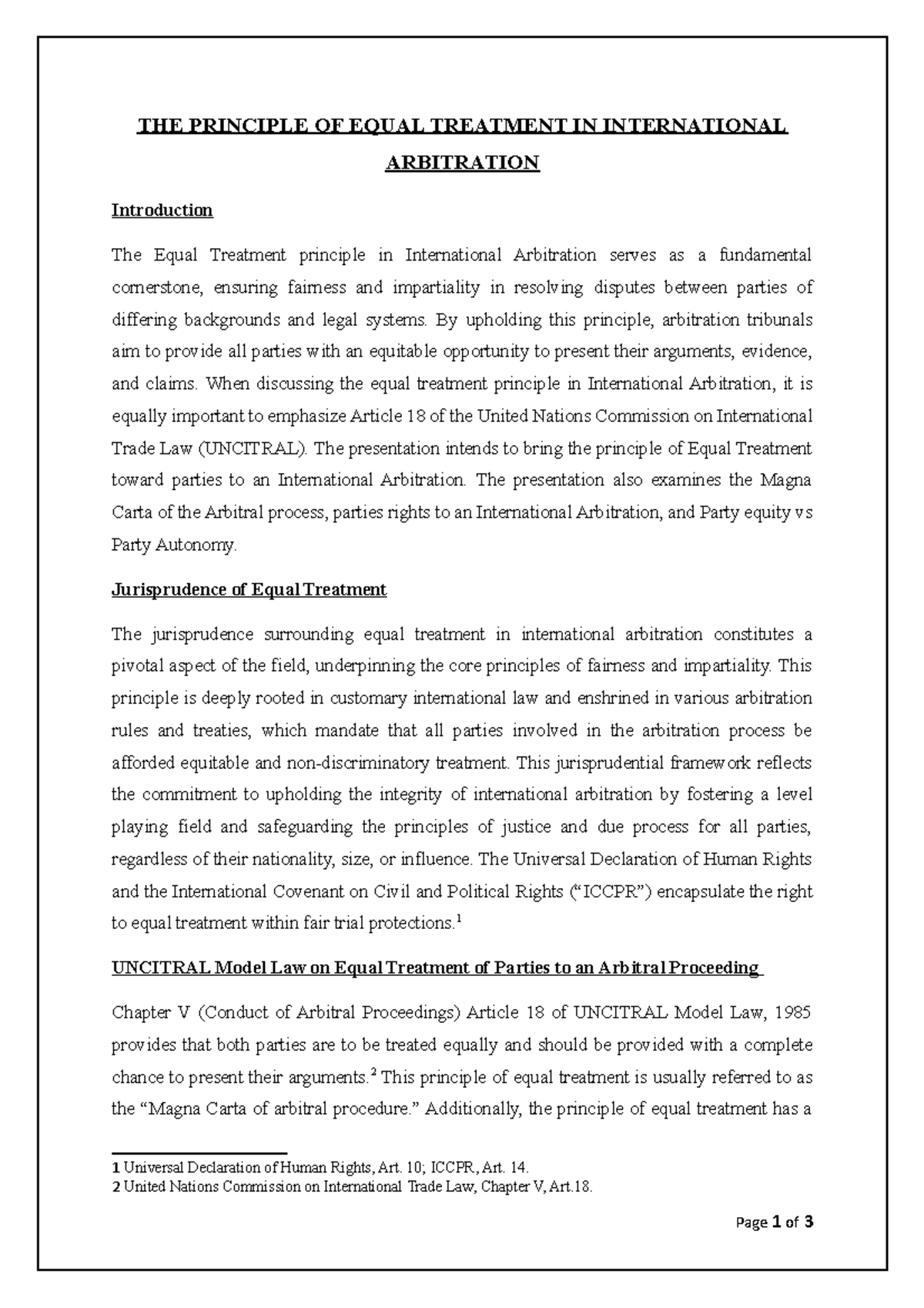 THE Principle OF Equal Treatment IN International Arbitration - THE ...