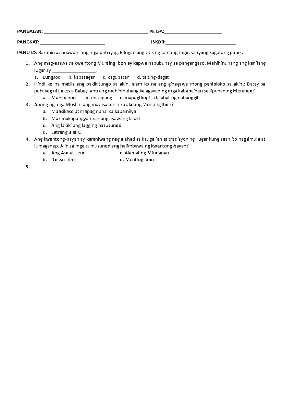 Unang Pagsusulit 2023 - EXAM - PANGALAN ...