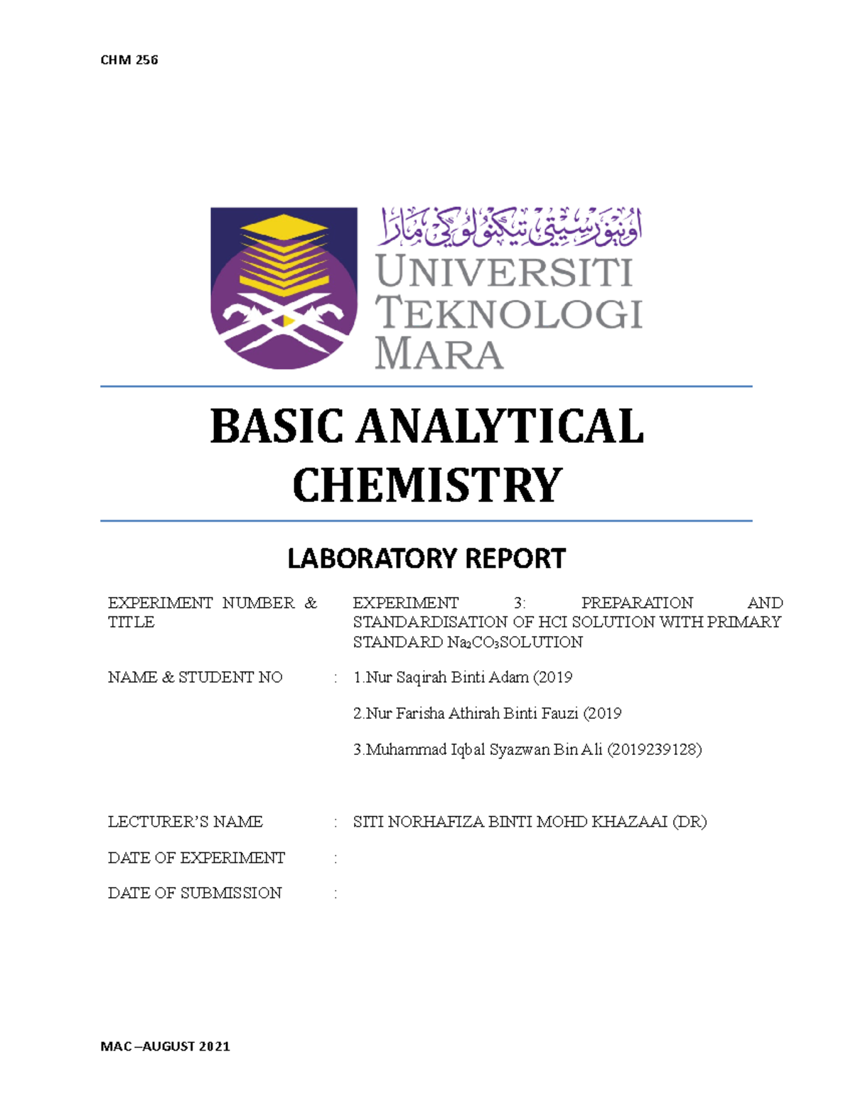 CHM 256 Lab Report 3 - CHM 256 BASIC ANALYTICAL CHEMISTRY LABORATORY REPORT EXPERIMENT NUMBER ...