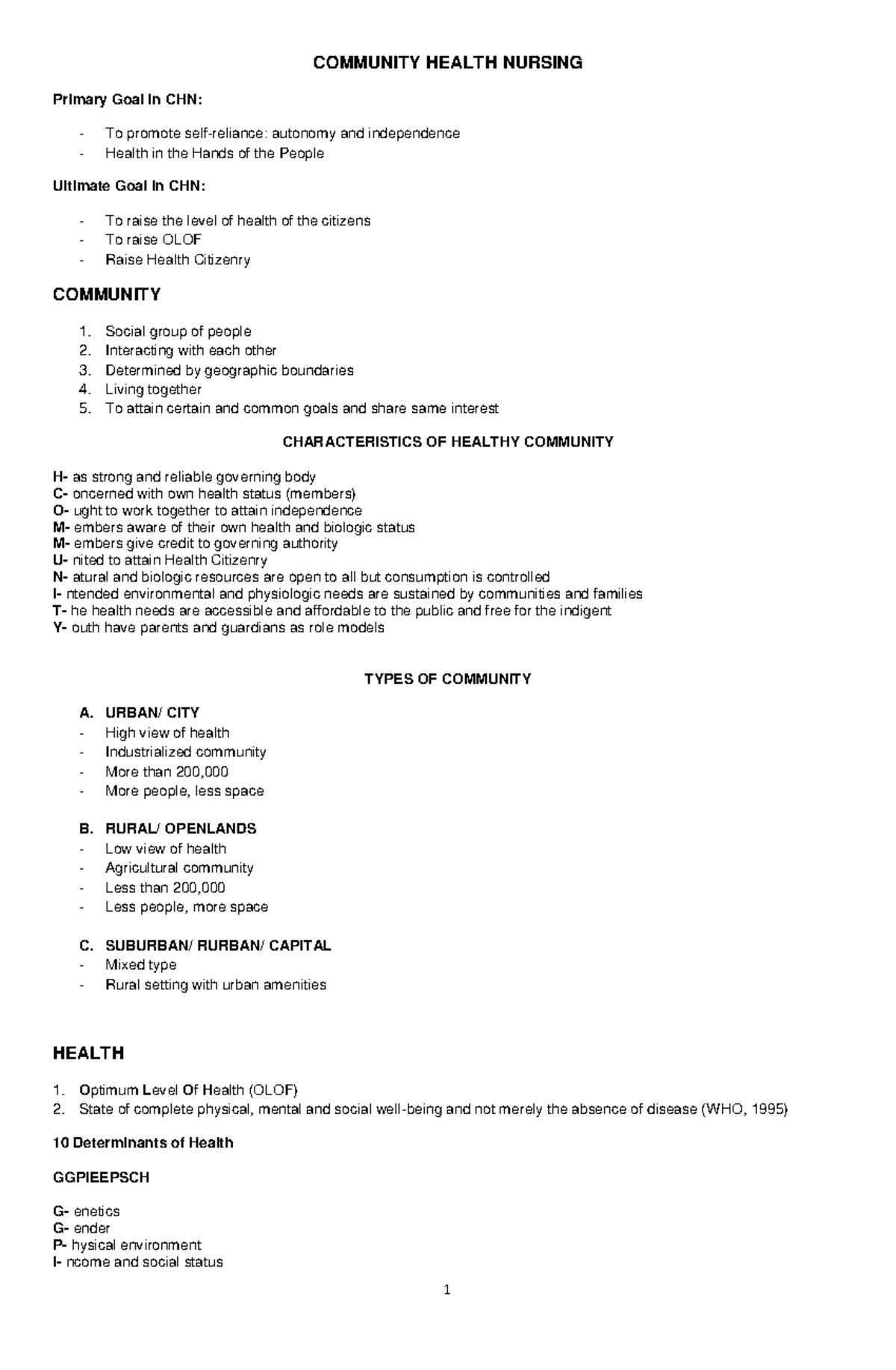 Overall CHN Handouts - CHN notes - COMMUNITY HEALTH NURSING Primary ...