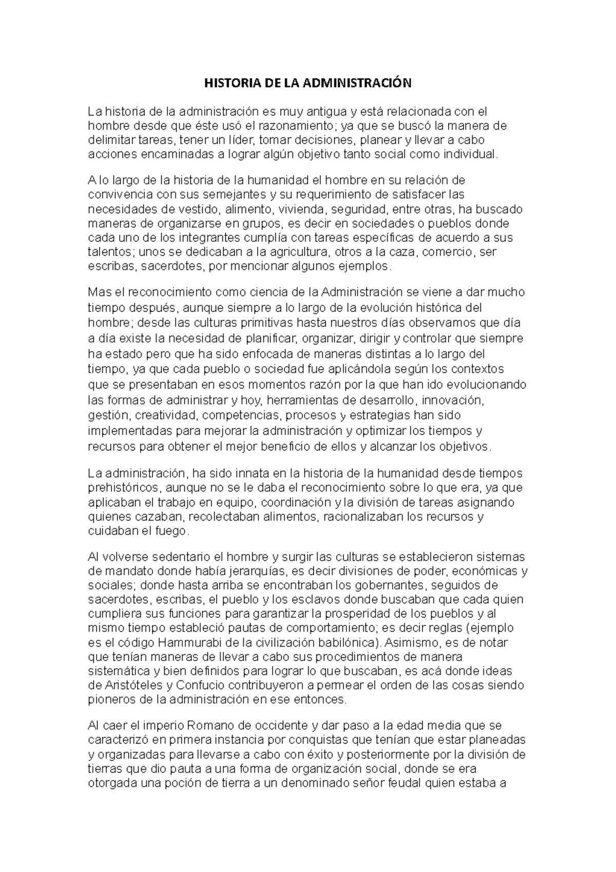 Historia DE LA Administración - HISTORIA DE LA ADMINISTRACIÓN La historia de la administración ...