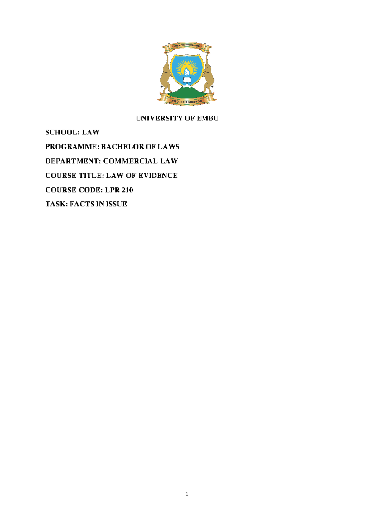 Law of Evidence Facts in Issue - UNIVERSITY OF EMBU SCHOOL: LAW ...