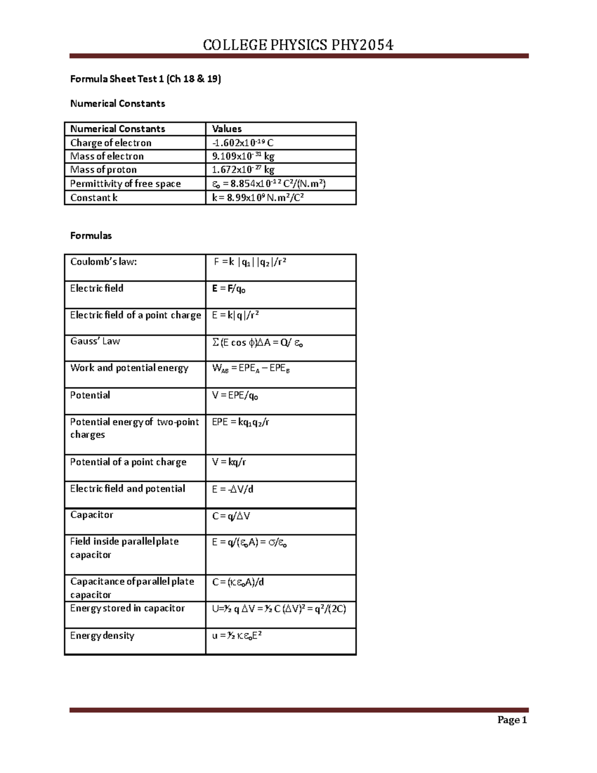 Formula Sheet Test 1 - COLLEGE PHYSICS PHY Page 1 Formula Sheet Test 1 ...