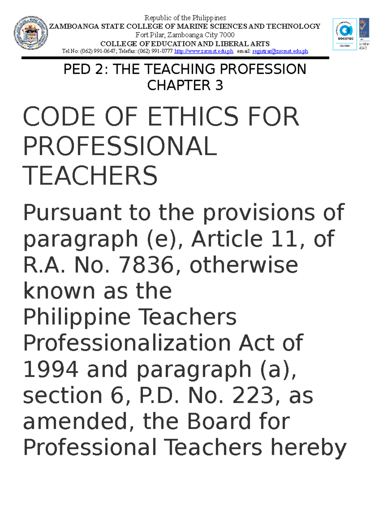 Code of Ethics - lecture notes - ZAMBOANGA STATE COLLEGE OF MARINE ...
