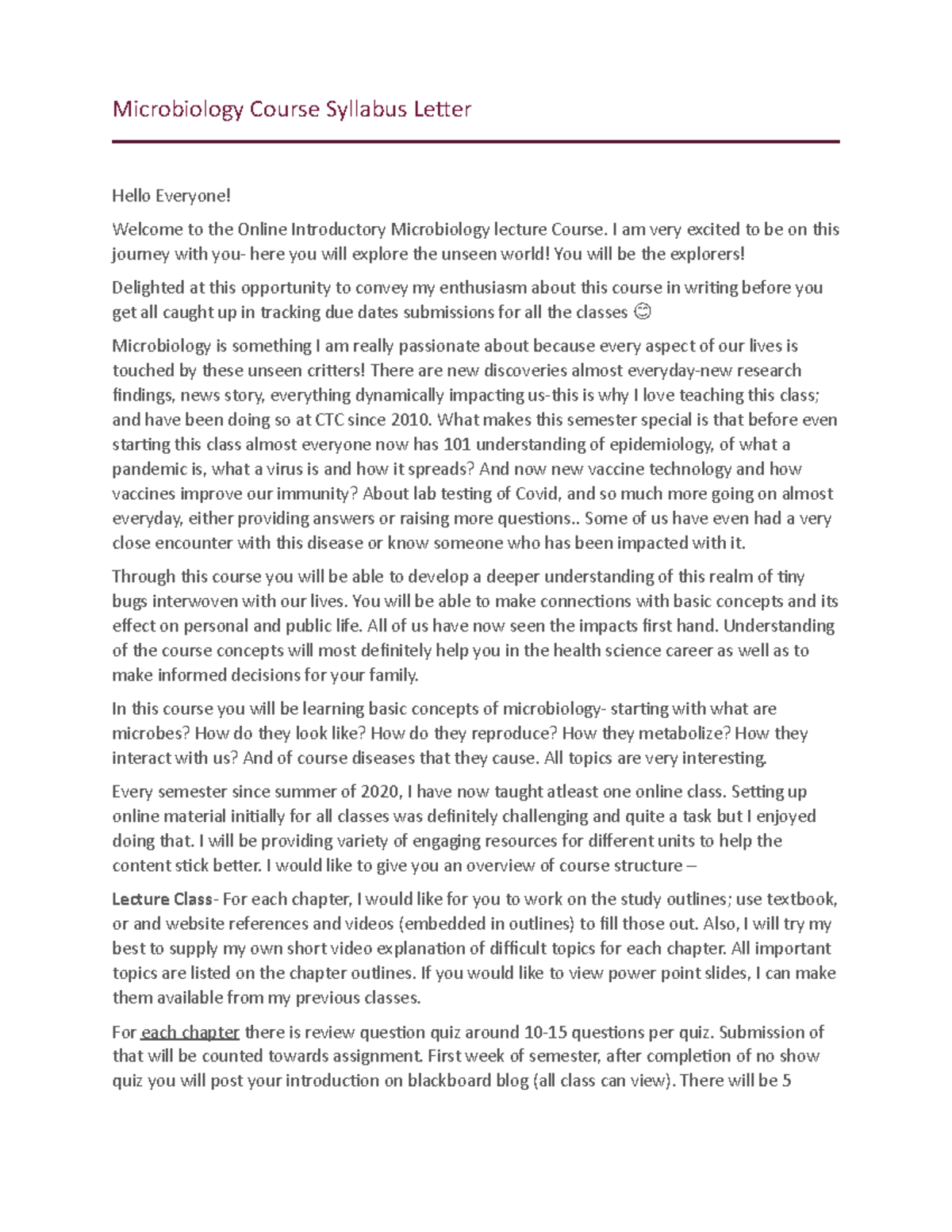 Online class syllabus letter Fall2021 - Microbiology Course Syllabus ...