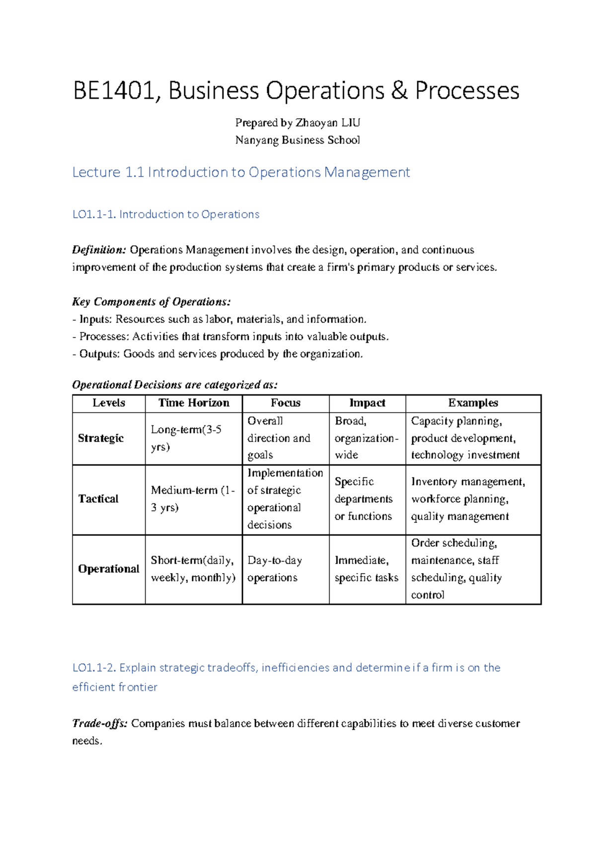Lecture 1 - BE1401, Business Operations & Processes Prepared by Zhaoyan LIU Nanyang Business ...