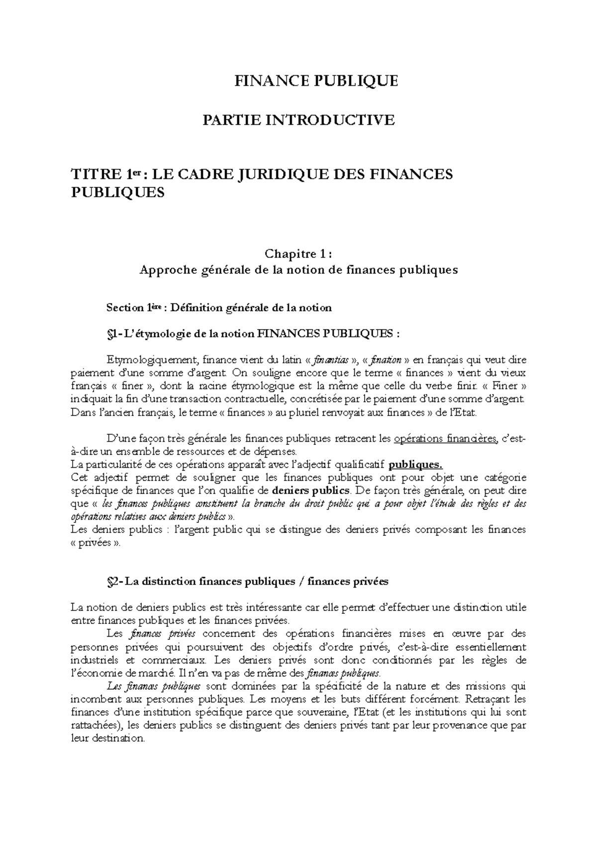 Intro FP - Cours - FINANCE PUBLIQUE PARTIE INTRODUCTIVE TITRE 1er : LE ...