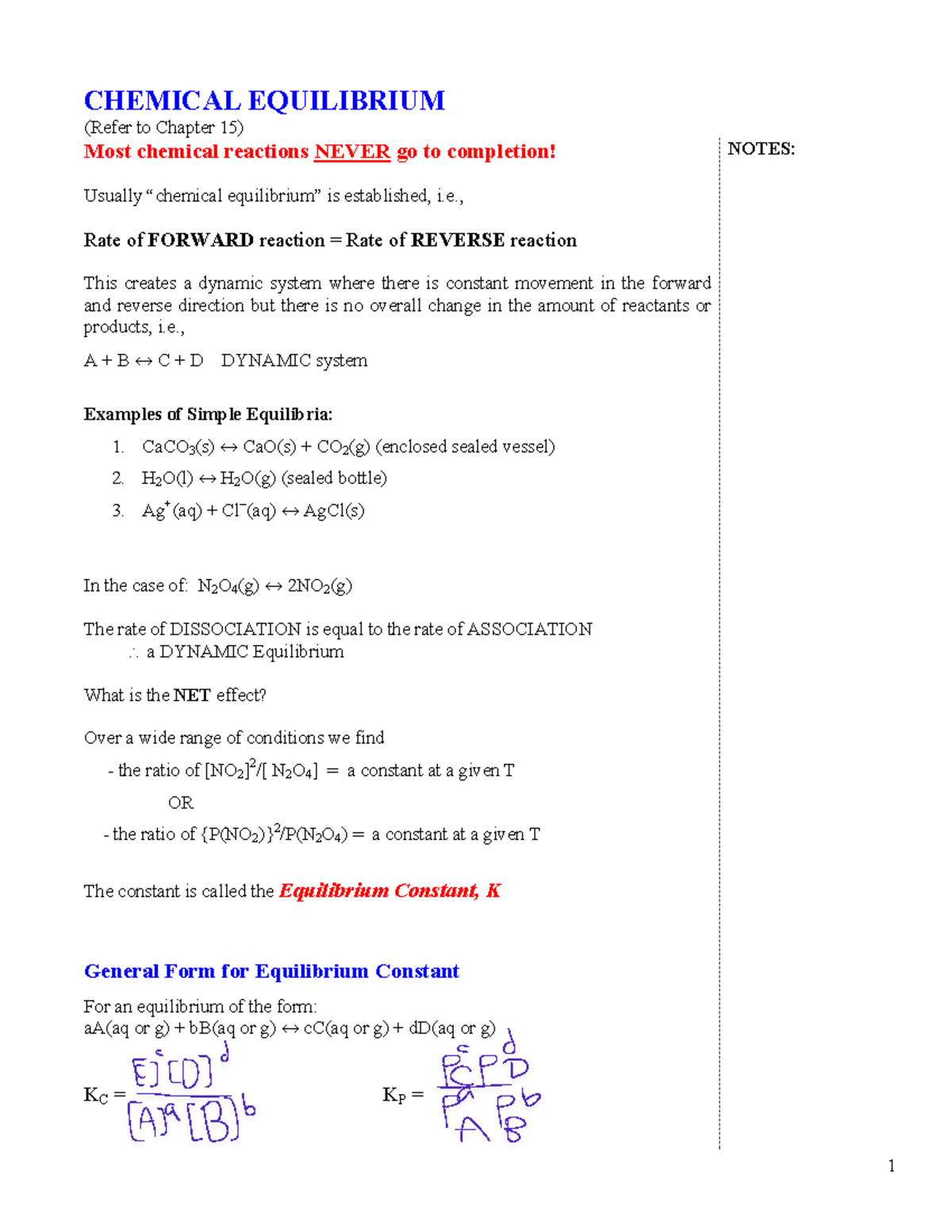 Chemical Equilibrium - chem notes from class - CHEMICAL EQUILIBRIUM ...