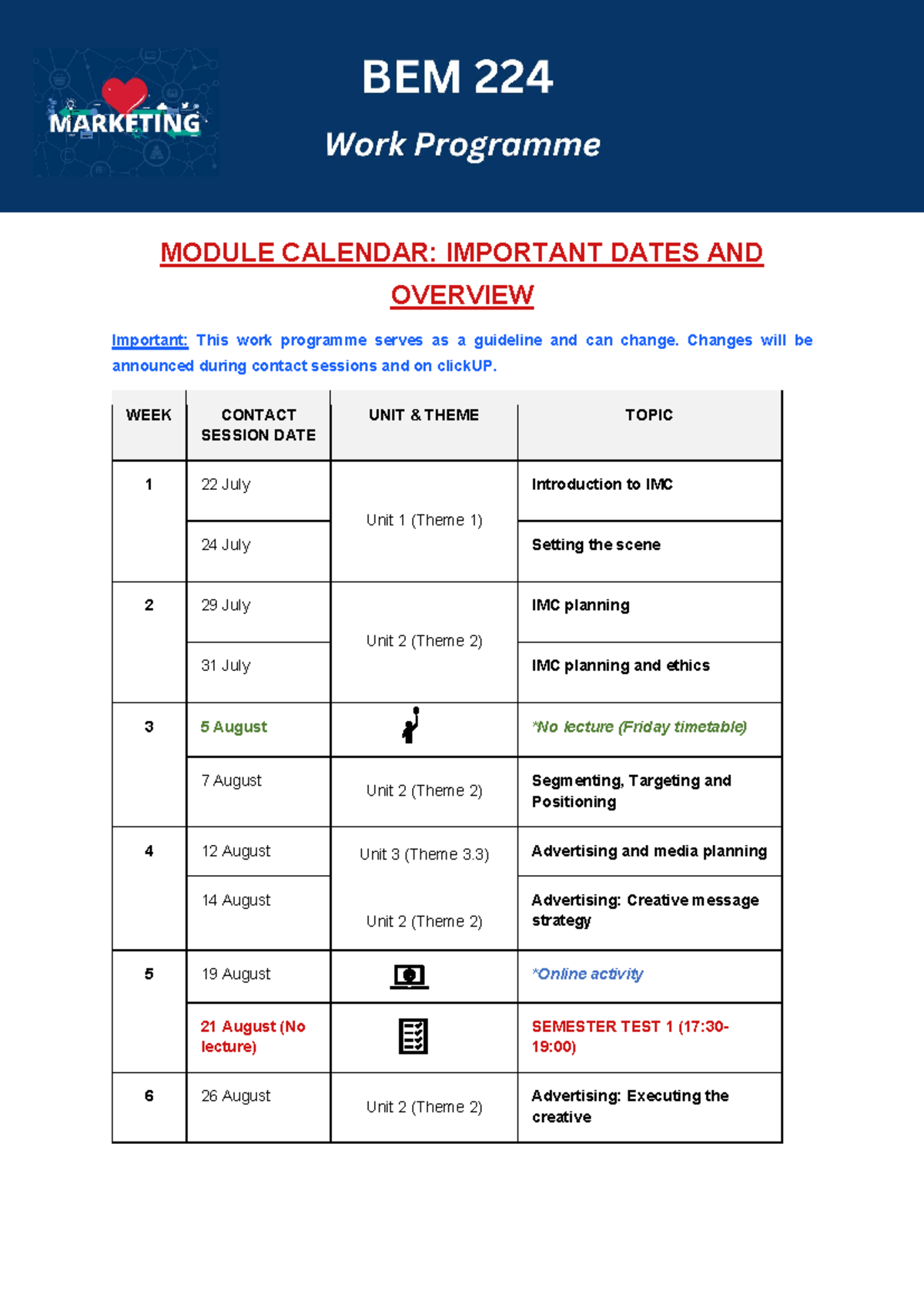 Work Programme 2024 - MODULE CALENDAR: IMPORTANT DATES AND OVERVIEW ...