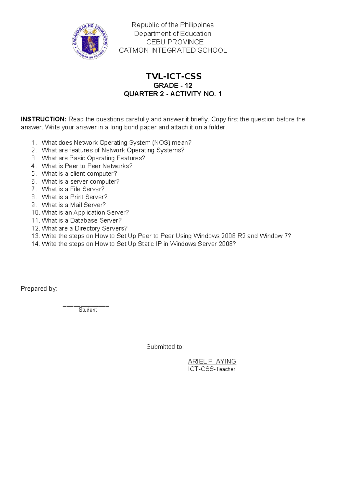 TVL-ICT-CSS-2ND Quarter Activity 1 - Republic of the Philippines ...