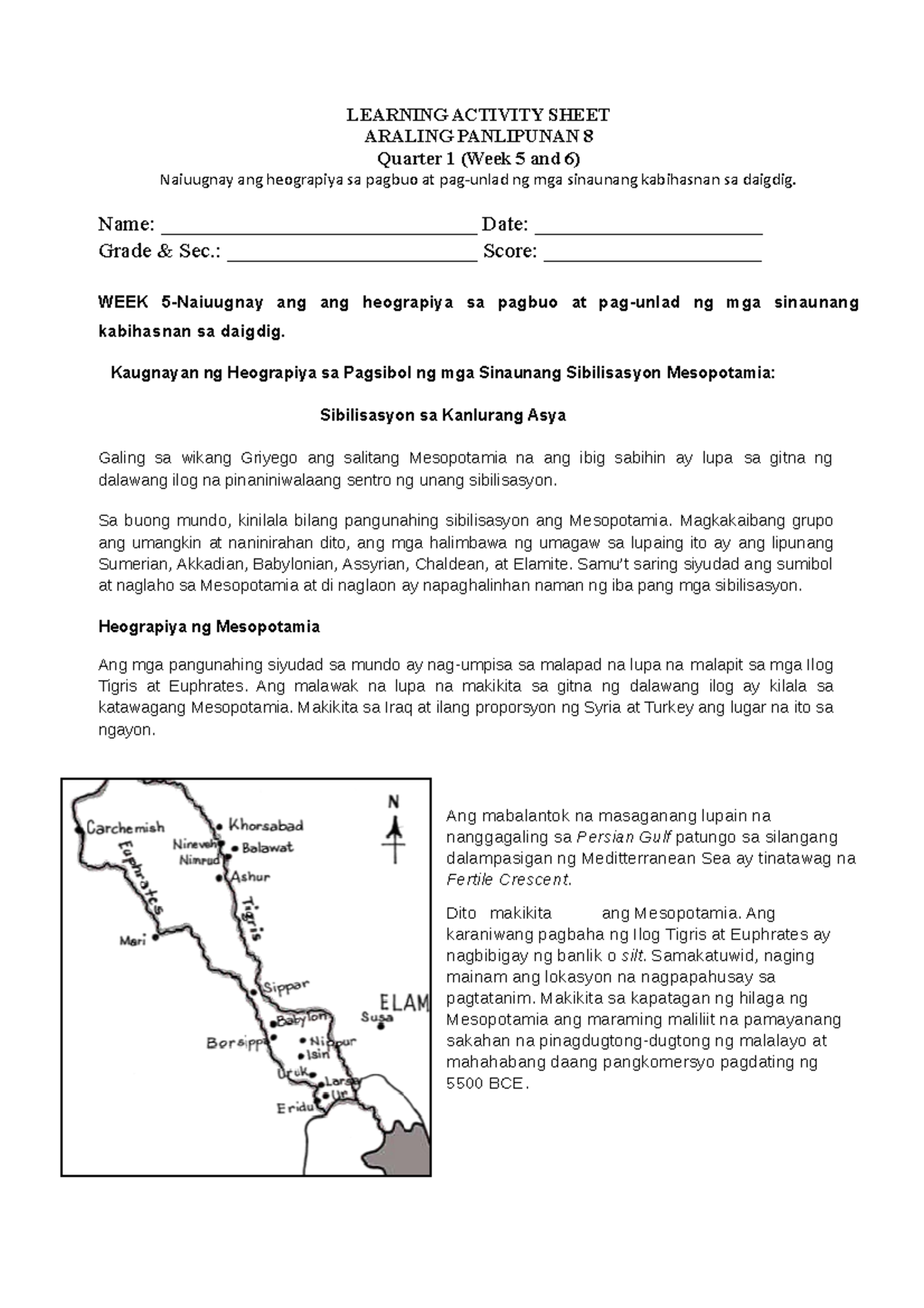 Grade 8 Activity Sheets WEEK 5 6 - LEARNING ACTIVITY SHEET ARALING PANLIPUNAN 8 Quarter 1 (Week ...