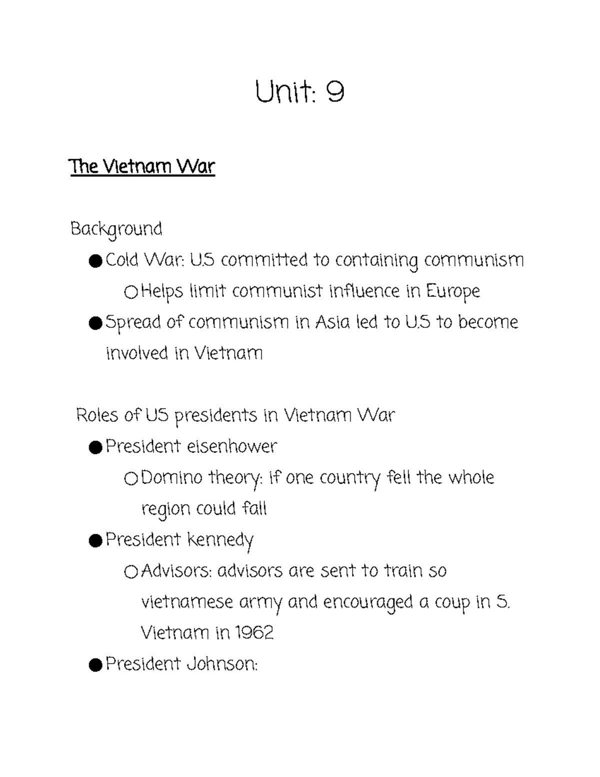 Unit 9 - Unit: 9 The Vietnam War Background Cold War: U committed to ...