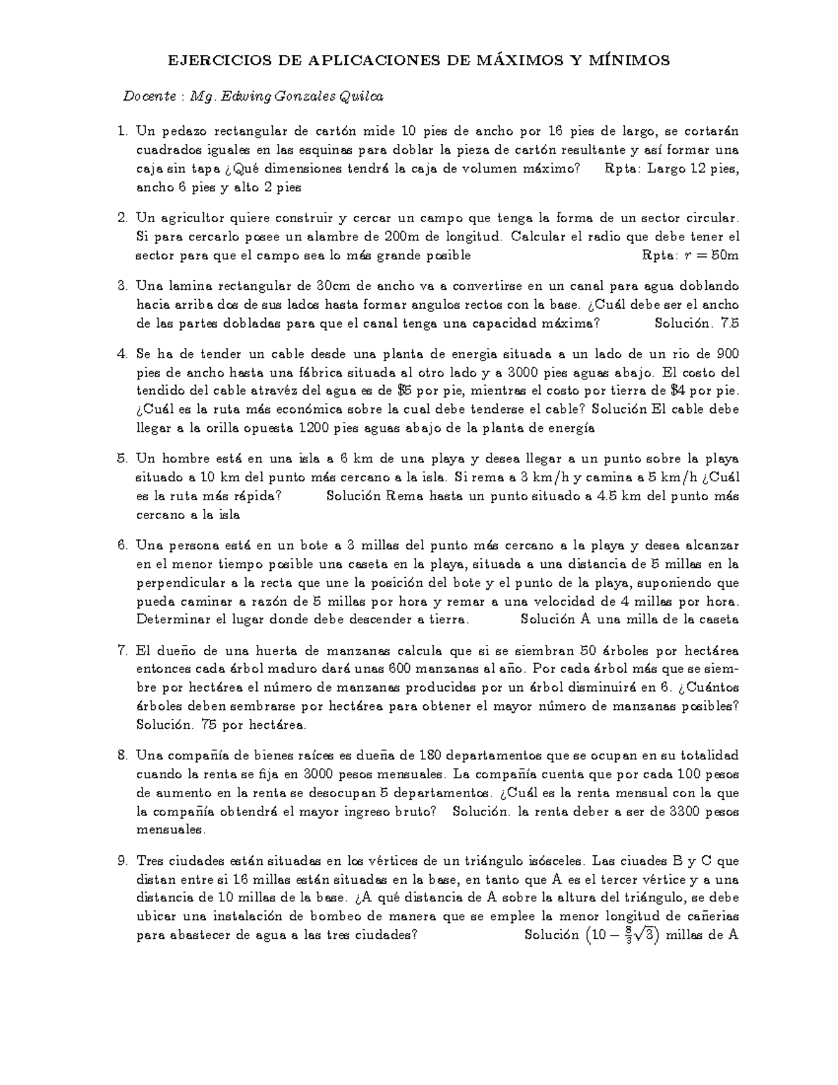 Ejercicios Aplicaciones Maximos Minimos - EJERCICIOS DE APLICACIONES DE ...