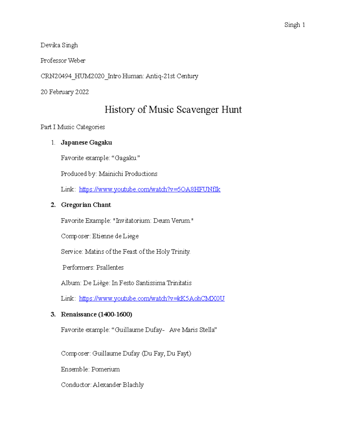 History of Music Scavenger Hunt - Devika Singh Professor Weber CRN20494 ...