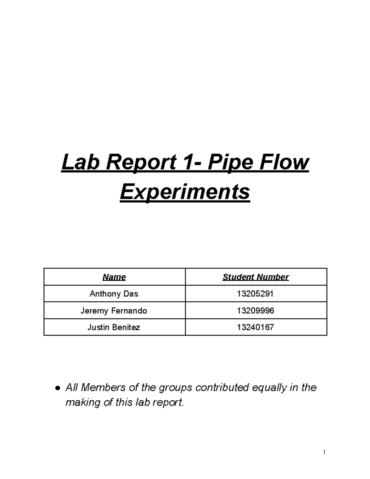 Lab Report 1-Pipe Flow Experiments - Lab Report 1- Pipe Flow ...