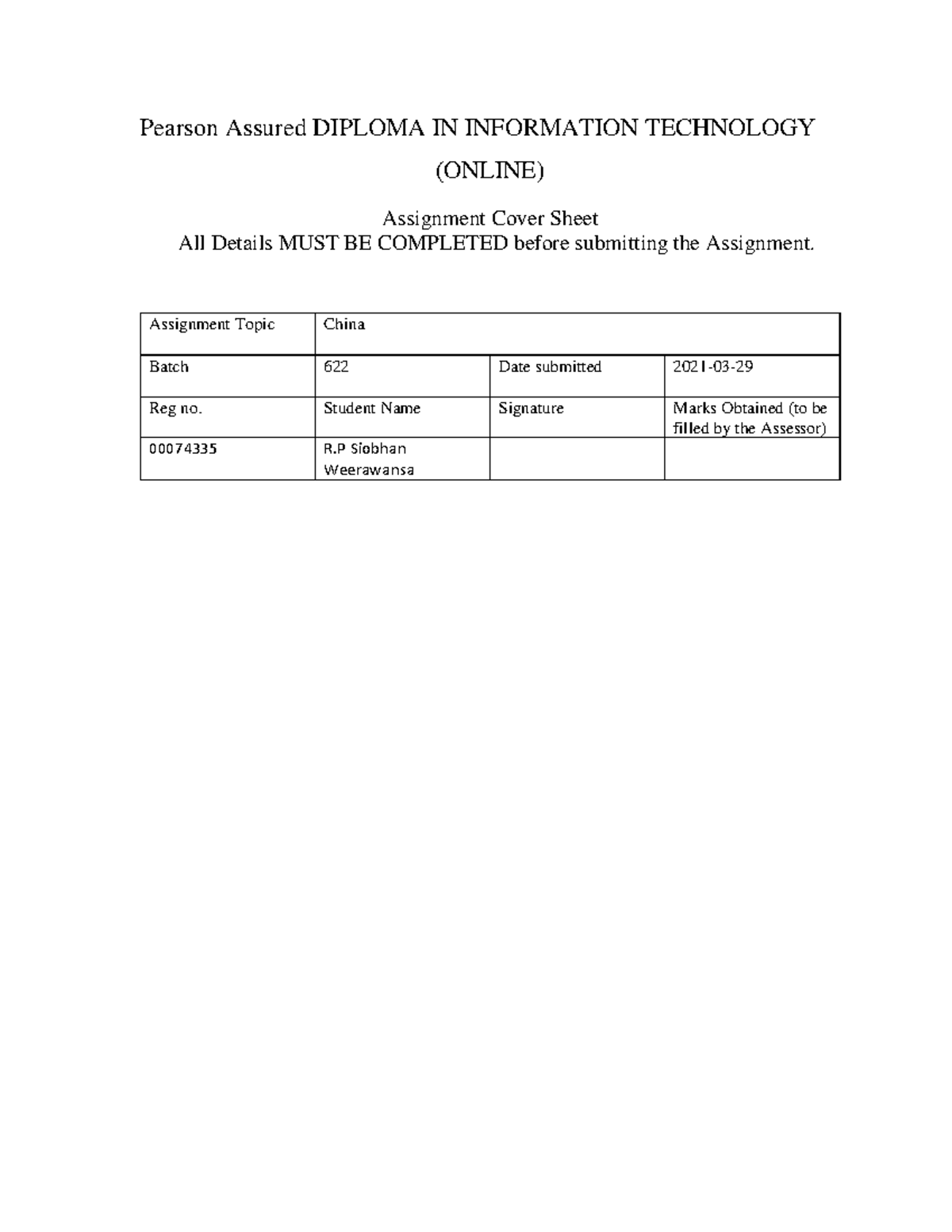 China MC WORD PJ esoft - DIE assignment - Pearson Assured DIPLOMA IN ...