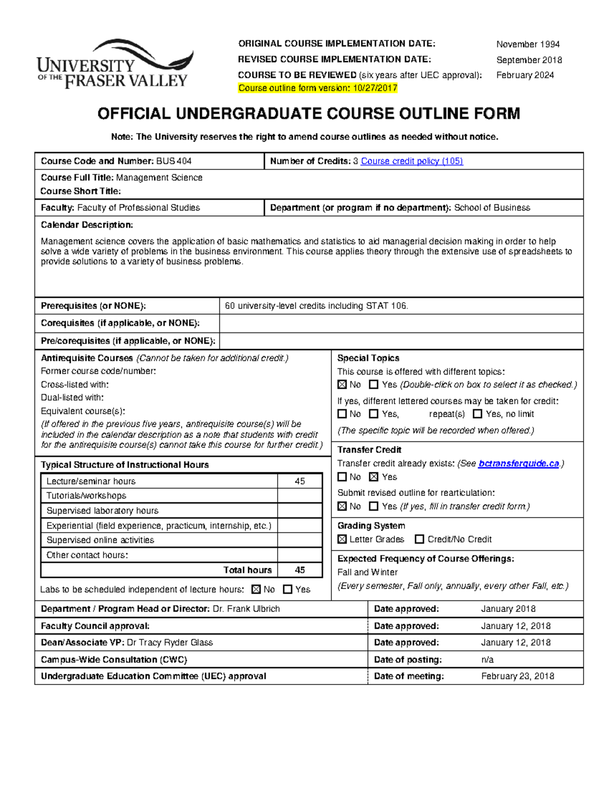 BUS404-18 - OUTLINE - BUS 404 - UFV - Studocu