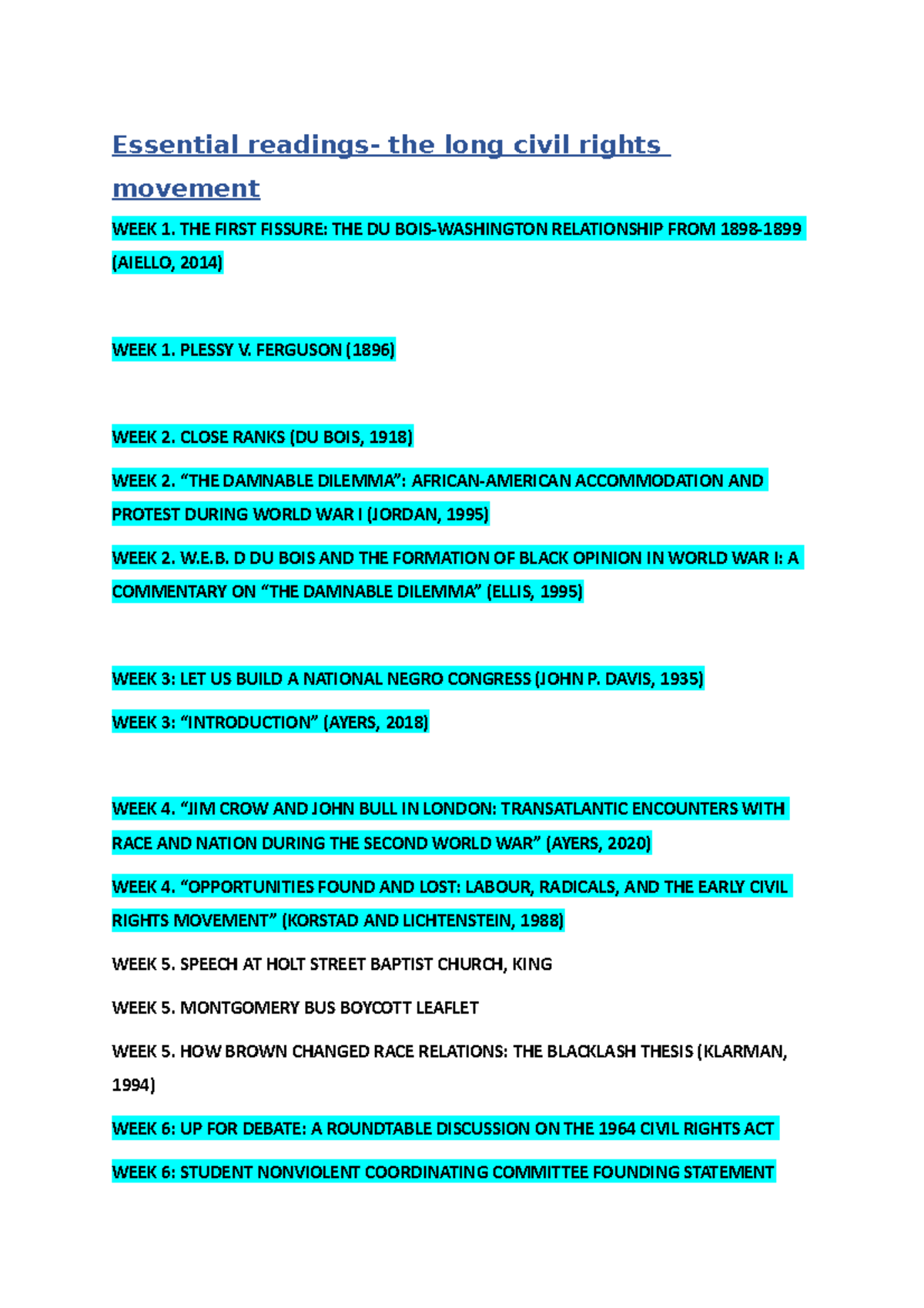 Essential readings civil rights movement- revision - Essential readings ...