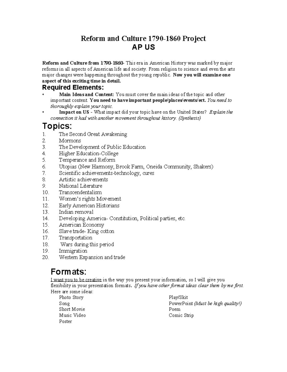 Reform and Culture AP Project - Reform and Culture 1790-1860 Project AP ...