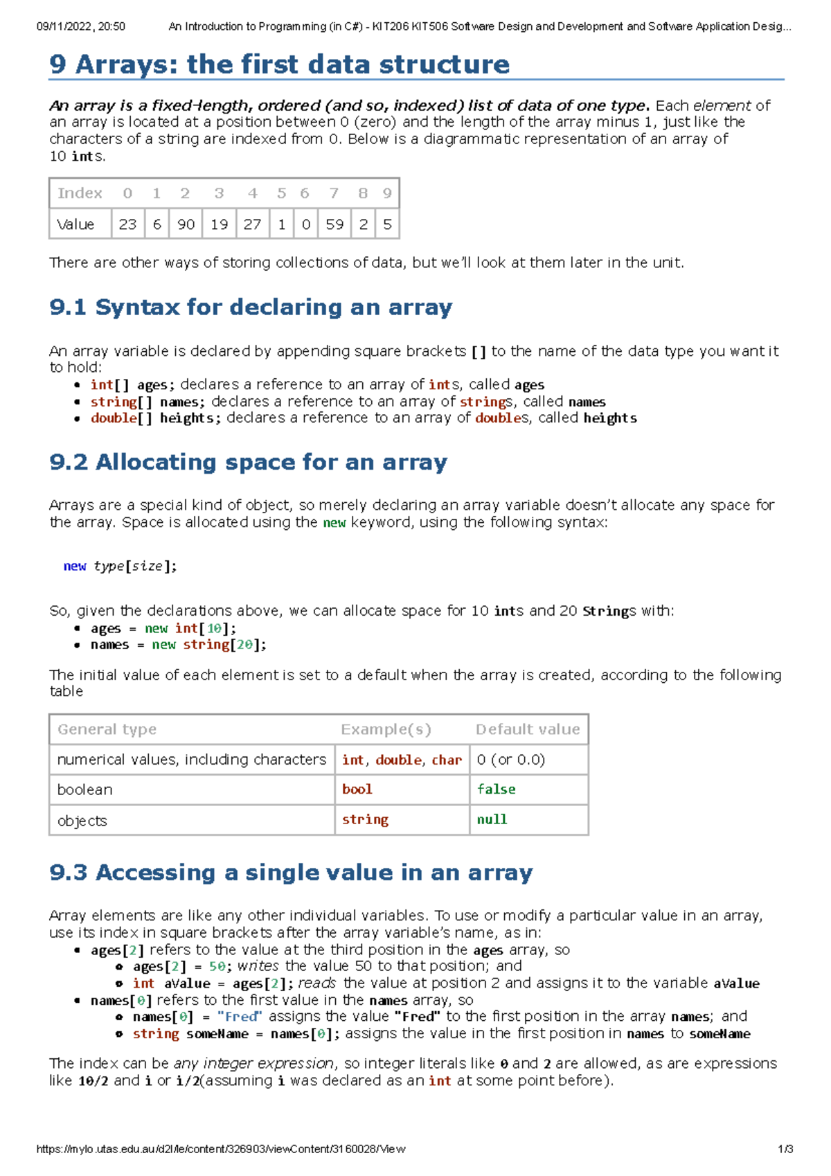 Arrays the first data structure KIT206 KIT506 Software Design and Development and Software - Studocu