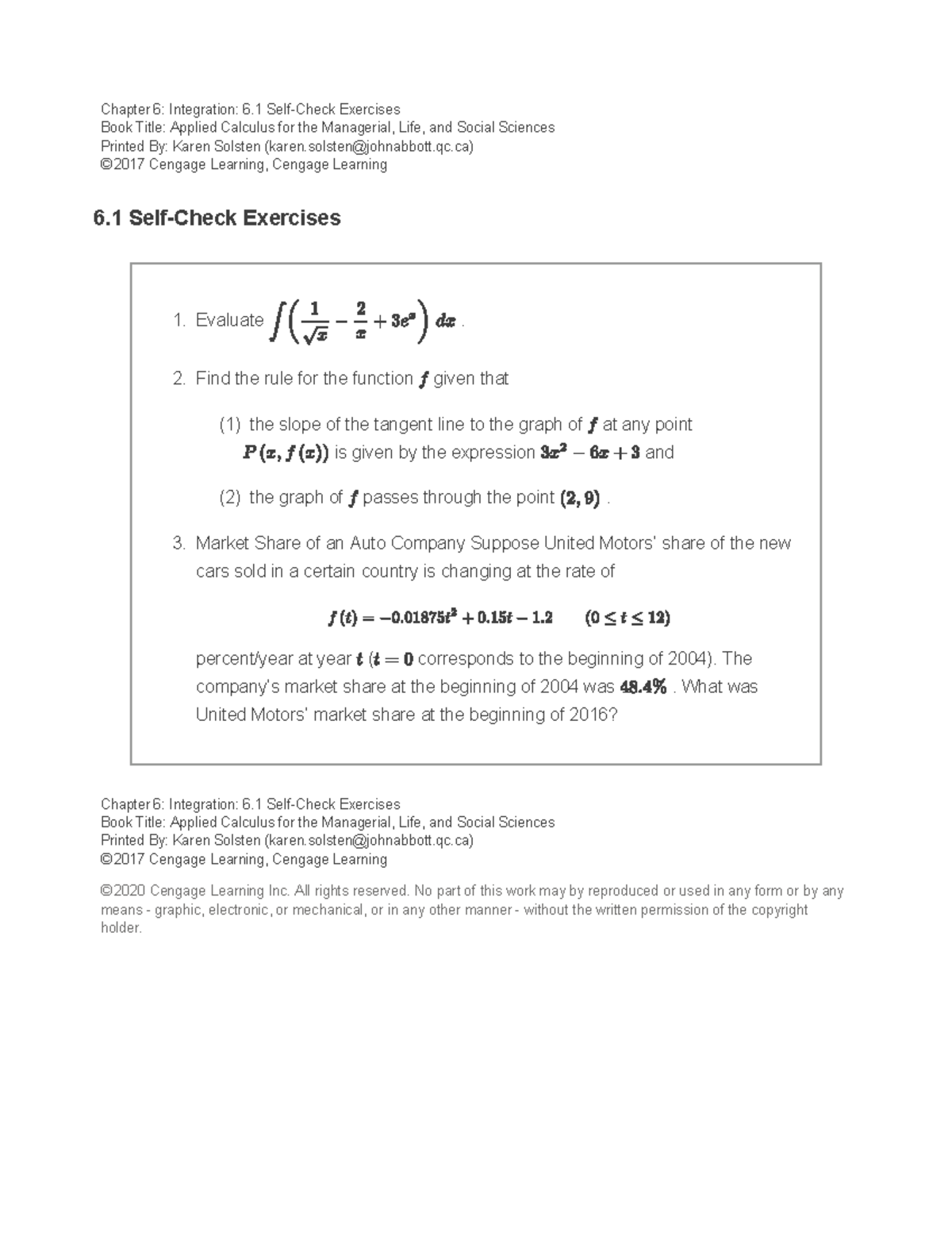 exercise 6.1 chapter - (1) (2) Chapter 6: Integration: 6 Self-Check ...