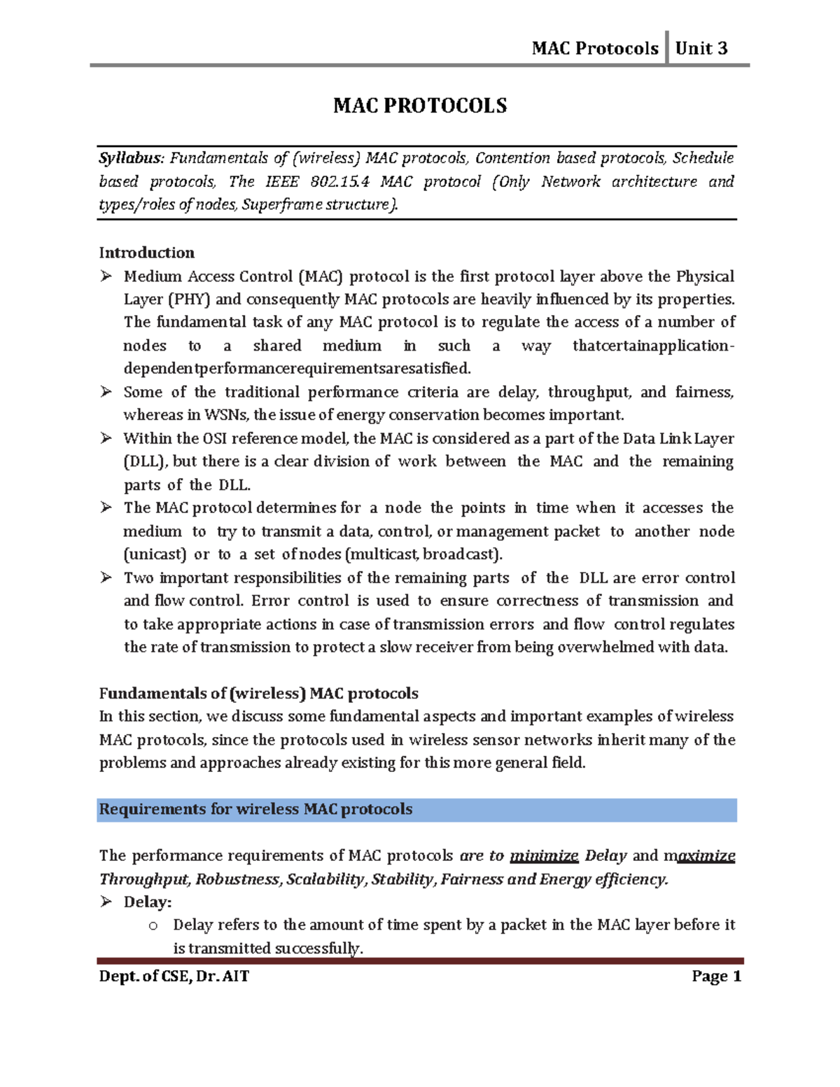 WSN UNIT-3-MAC Protocols - MAC PROTOCOLS Syllabus: Fundamentals of (wireless) MAC protocols ...
