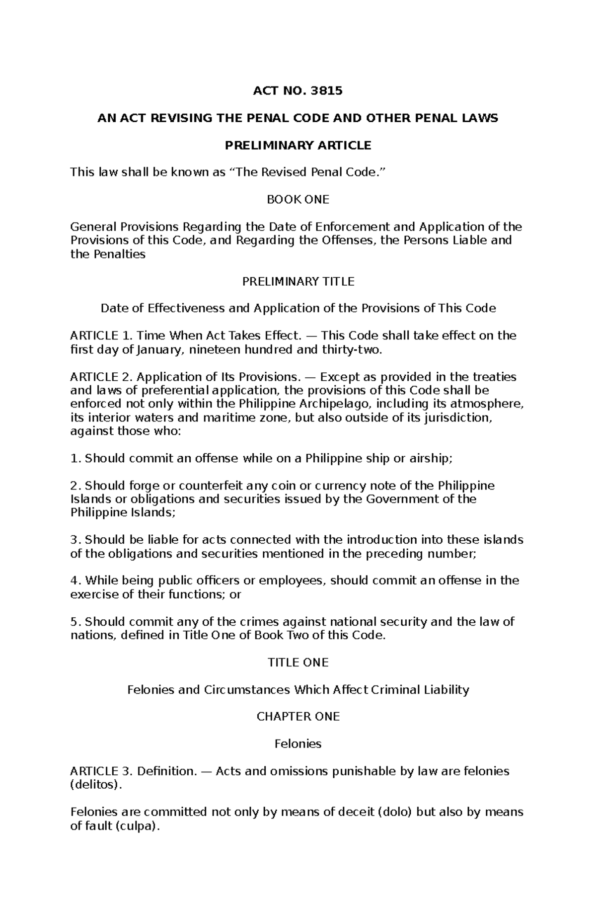Codal Revised Penal Code ACT NO 3815 AN ACT REVISING THE PENAL