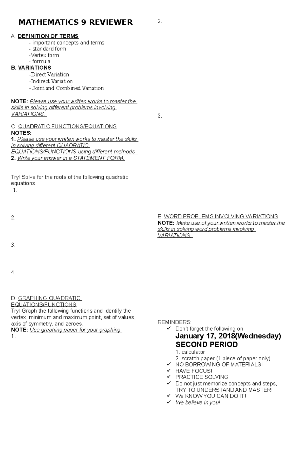 Grade 9 Reviewer 3 - MATHEMATICS 9 REVIEWER A. DEFINITION OF TERMS ...