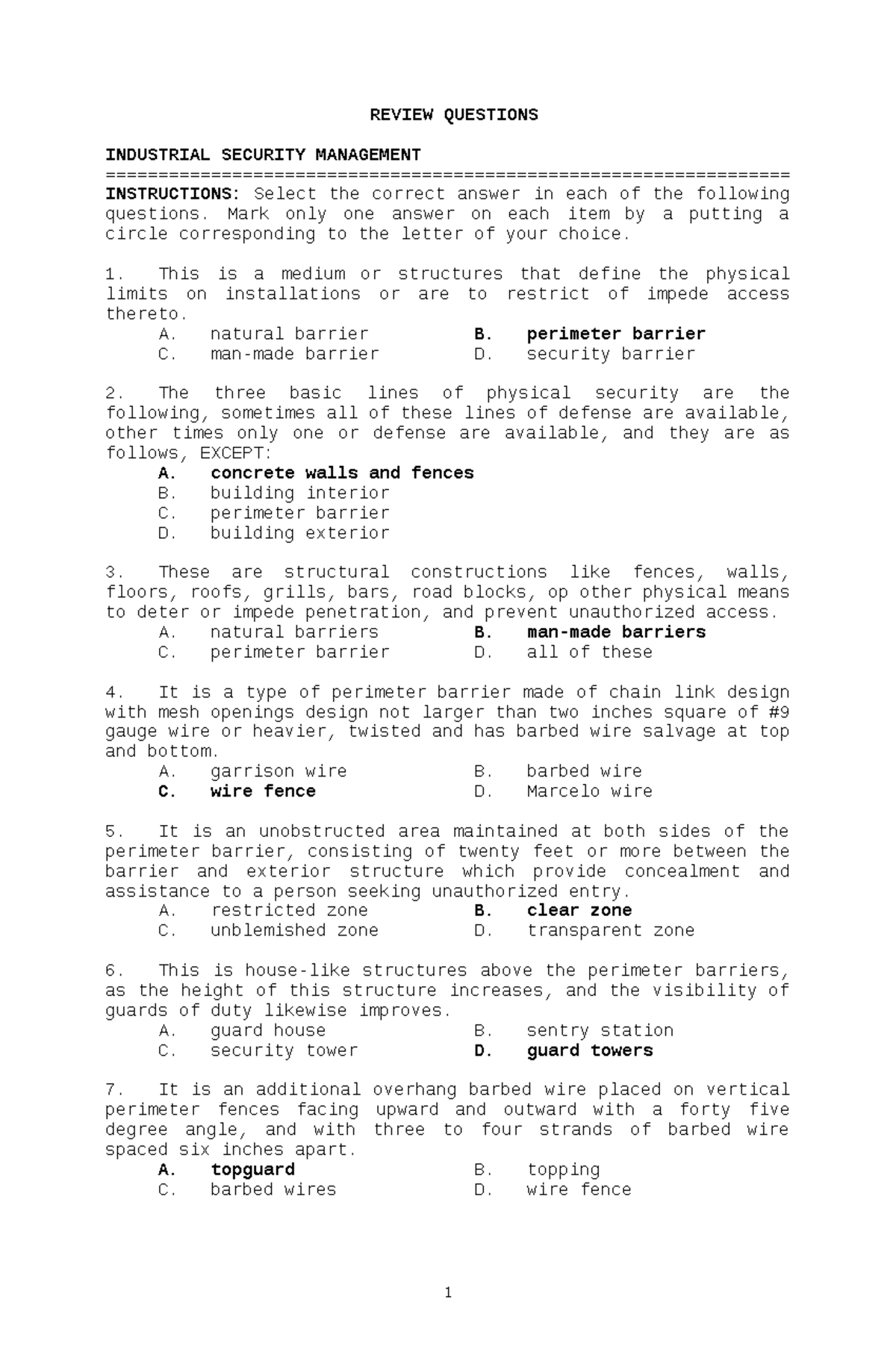 Security - small - REVIEW QUESTIONS INDUSTRIAL SECURITY MANAGEMENT - Studocu