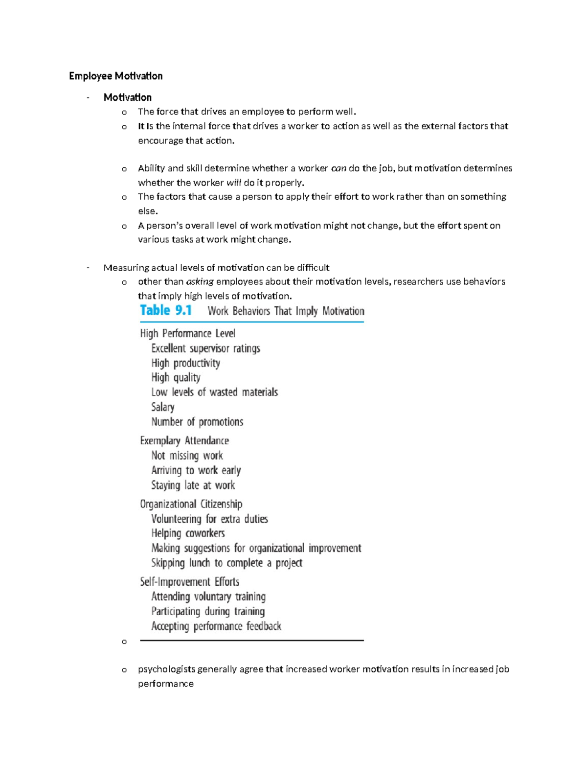 EmployM1298 Summary - Employee Motivation - Motivation o The force that ...